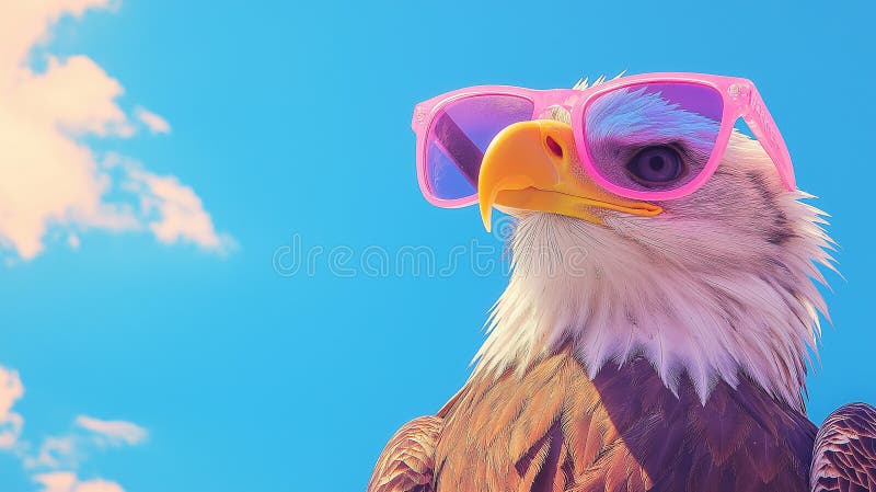 Bold Bald Eagle Wearing Sunglasses Under a Cloudy Summer Sky Stock ...