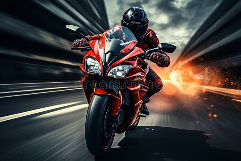 Bold Biker on Red Motorcycle Blurs Down Highway, Front View Capturing ...