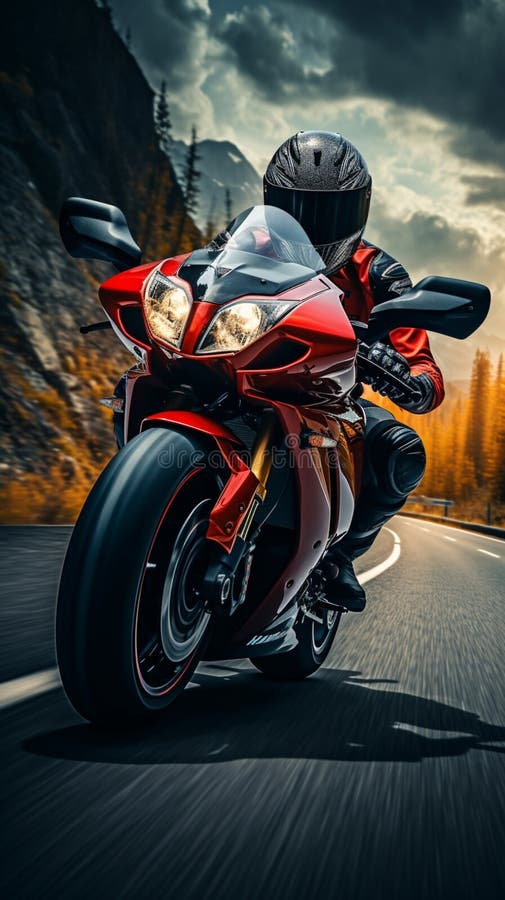 Bold Biker on Red Motorcycle Blurs Down Highway, Front View Capturing ...