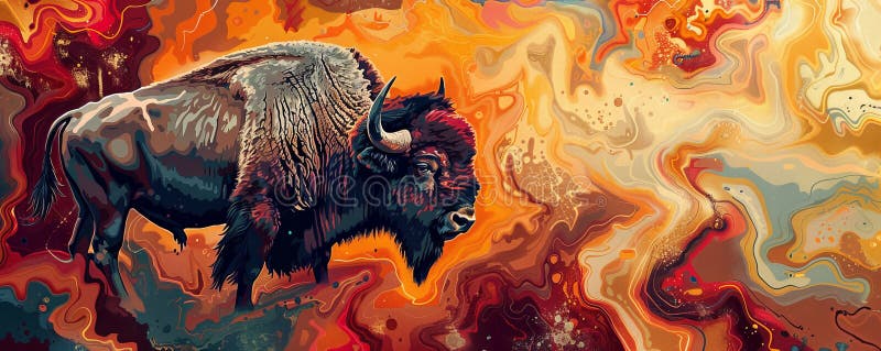 Bold Bison in a Sea of Fiery Abstract Waves Visual Feast Stock ...
