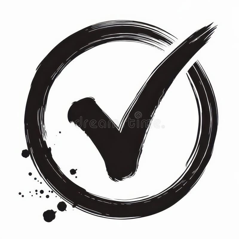 Bold Black Check Mark in a Circular Brush Stroke Design on a Clean ...
