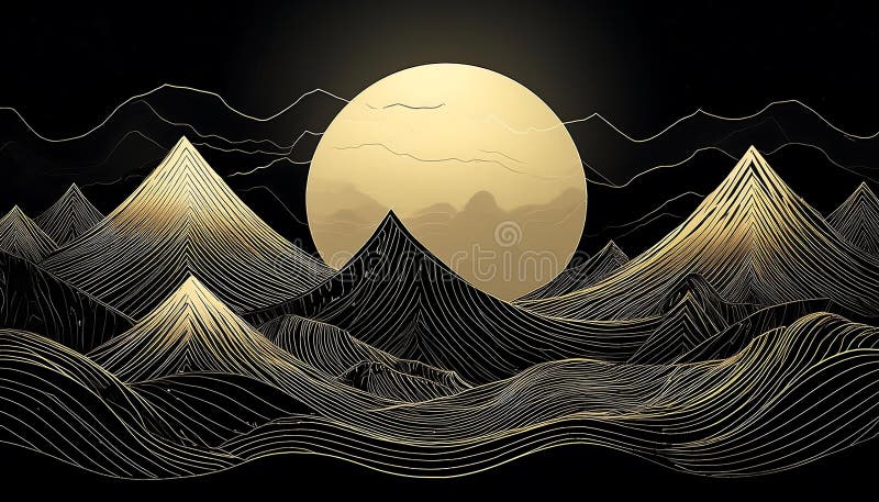 Bold Black and White Line Drawing of Sharp Angular Mountains Under a ...