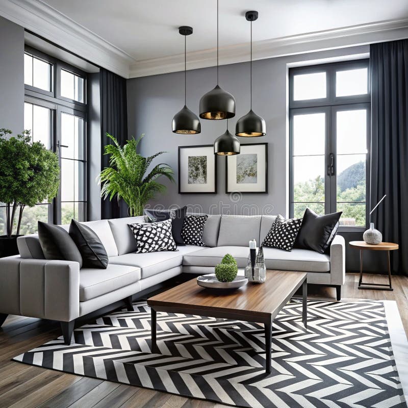 Bold Black and White Modern Living Room Stock Illustration ...
