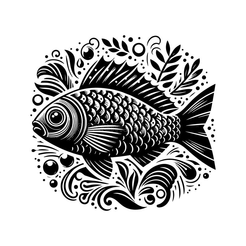 Stylized Black-and-White Fish Vector - Bold Graphic Logo, T-Shirt ...