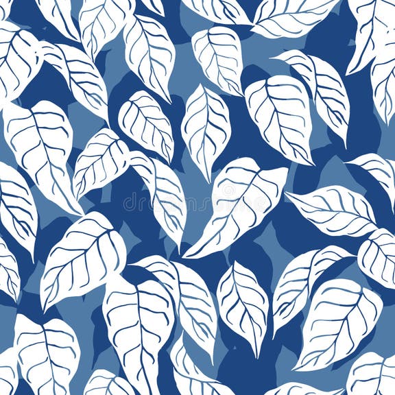 Bold Blue Greenery Leaves Texture Vector Pattern Background for Fabric ...