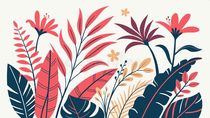 Bold Botanical Pattern with Large Stylized Leaves and Red Flowers ...