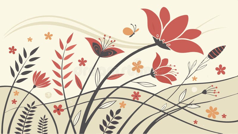 Bold Botanical Pattern with Large Stylized Red Flowers and Leaves ...