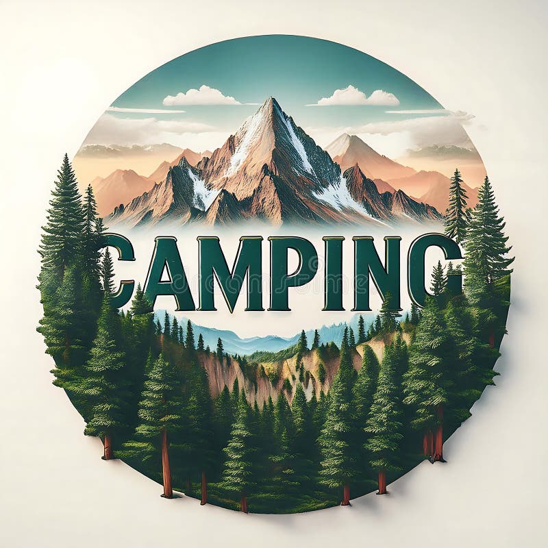 Bold Camping Typography Design Featuring Mountains and Pine Trees in a ...