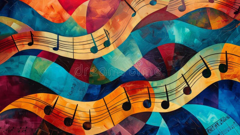 A Bold, Colorful Background with Abstract Shapes and Sheet Music Notes ...