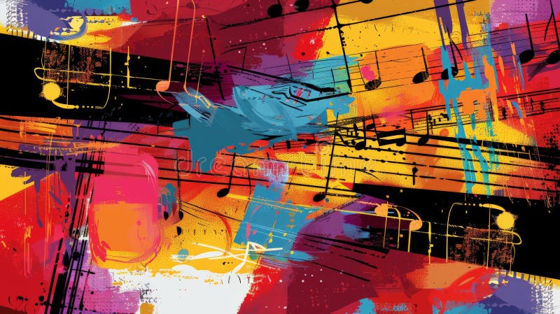 A Bold, Colorful Background with Abstract Shapes and Sheet Music Notes ...