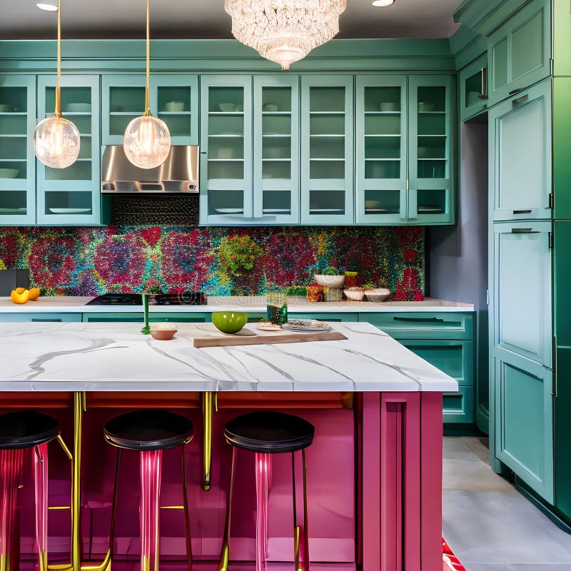 17 a Bold, Colorful Kitchen with Bright Cabinets, Patterned Tiles, and ...
