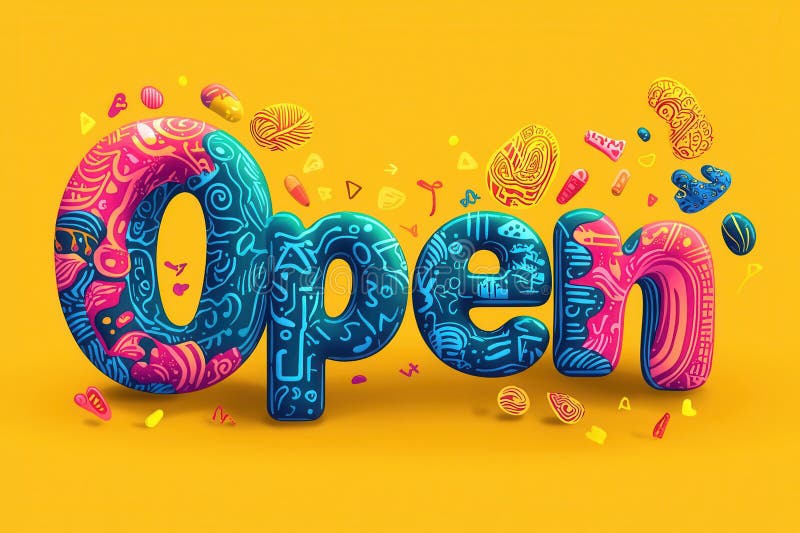 Bold Colorful Patterned Lettering of the Word Open on a Yellow Backdrop ...
