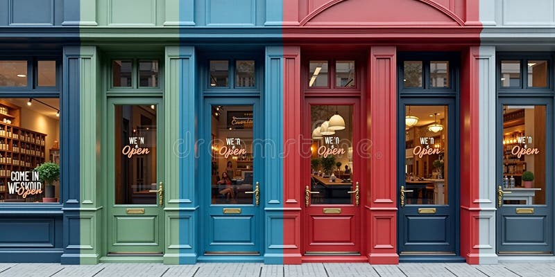 Vibrant Multi-Color Shop Facade with Open Sign Stock Illustration ...