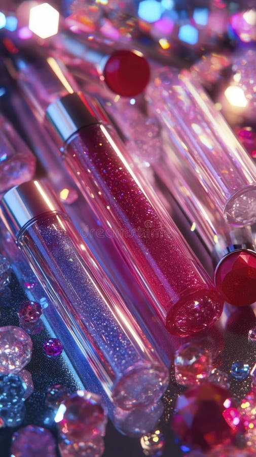 Bold Composition of Vibrant Lip Gloss Tubes with Crystal-clear Textures ...
