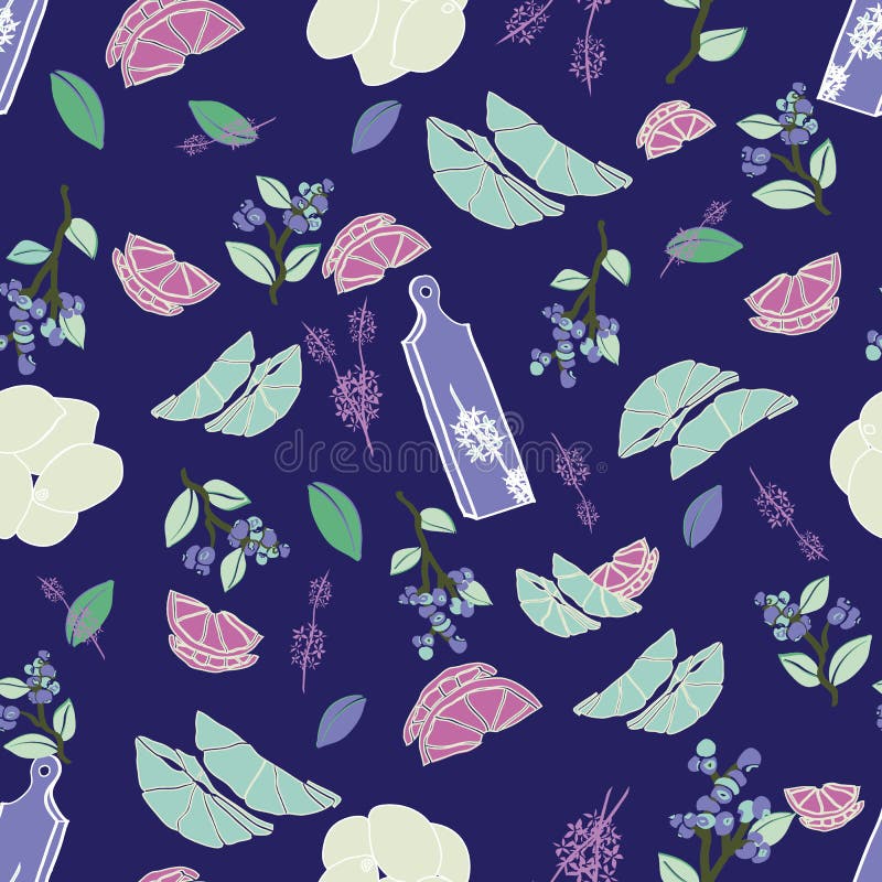 Bold Deep Blue Lemon and Berries Seamless Pattern Stock Illustration ...