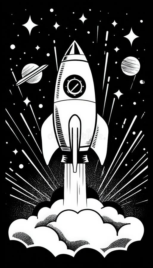 Cartoon Rocket Launching from Cloud Platform with Stars and Planets ...