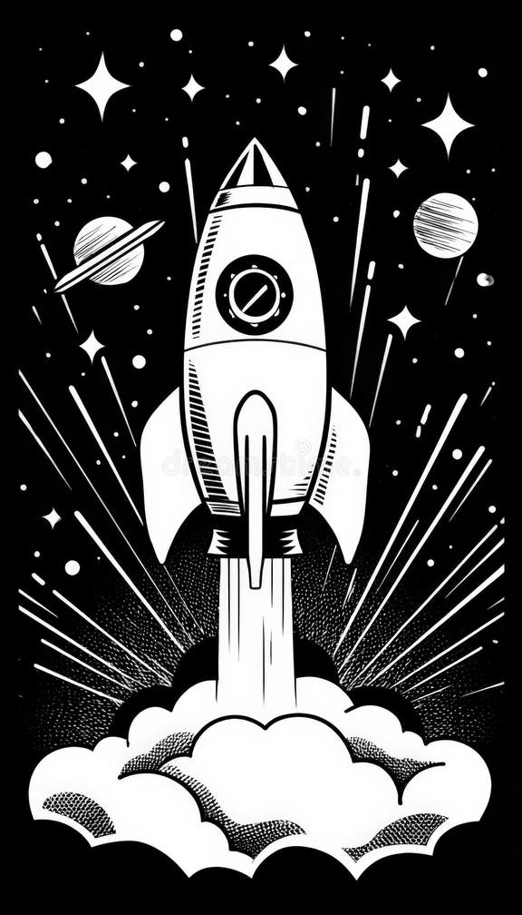 Cartoon Rocket Launching from Cloud Platform with Stars and Planets ...