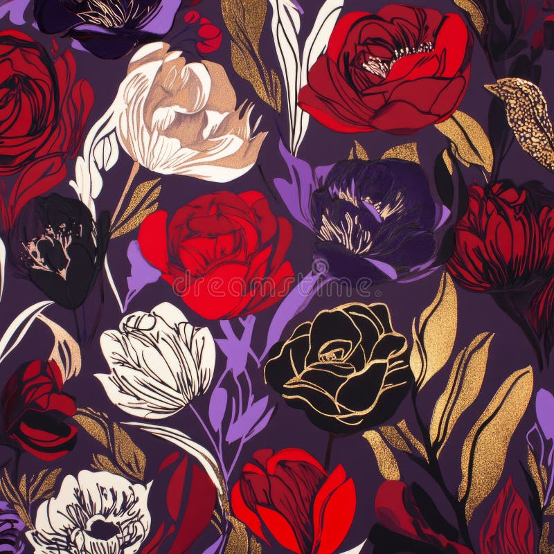 A Bold, Expressive Floral Illustration with Stylized Roses, Tulips, and ...