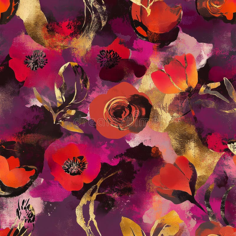 A Bold, Expressive Floral Illustration with Stylized Roses, Tulips, and ...