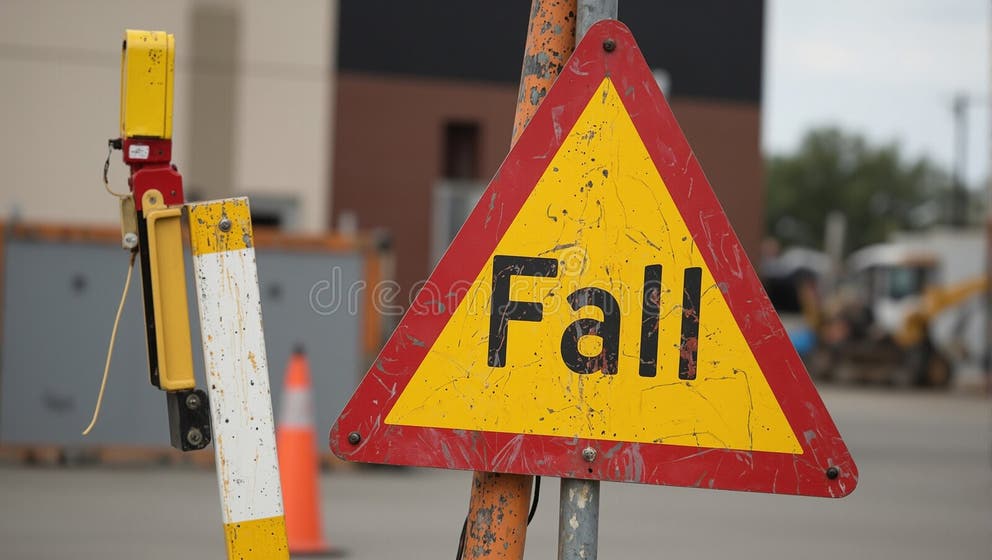 Bold Fall Warning on Yellow Hazard Sign at Construction Site Stock ...