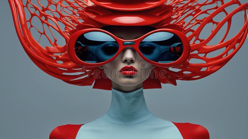 Bold Fashion Statement with Dramatic Red Headpiece and Sunglasses in ...