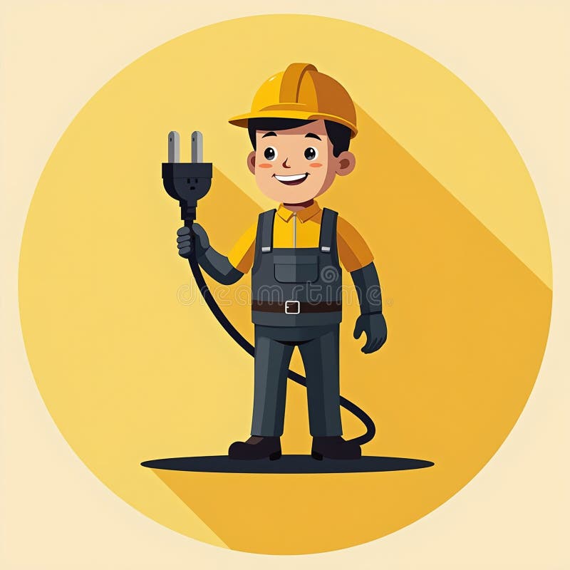 Bold Flat Design Electrician Icon with Plug and Wire in Yellow Black ...