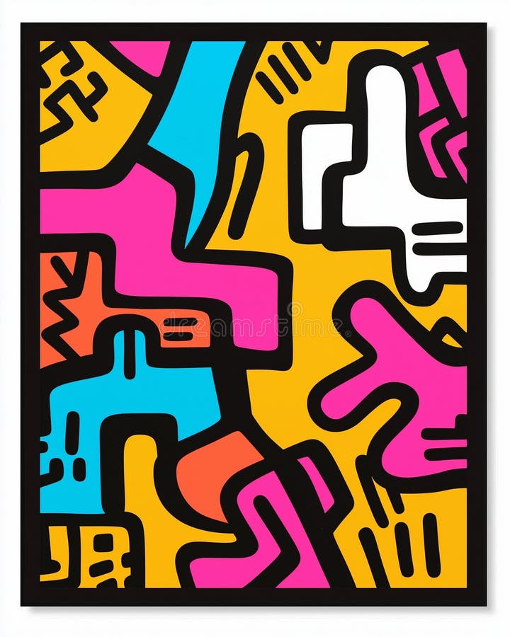 Playful Abstract Symbols with Bold Black Lines and Neon Color ...