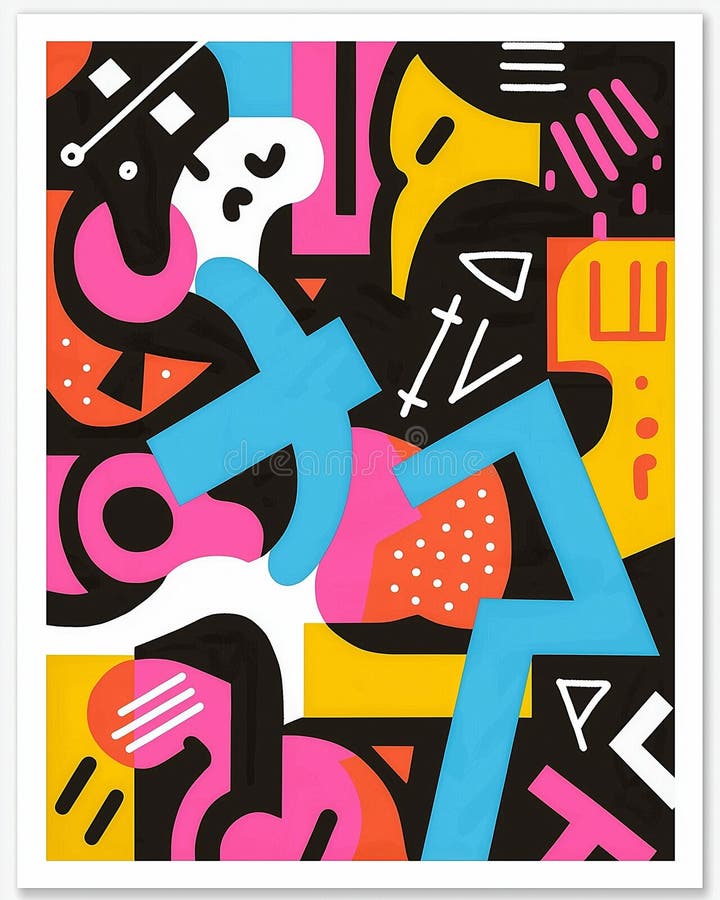 Playful Abstract Symbols with Bold Black Lines and Neon Color ...