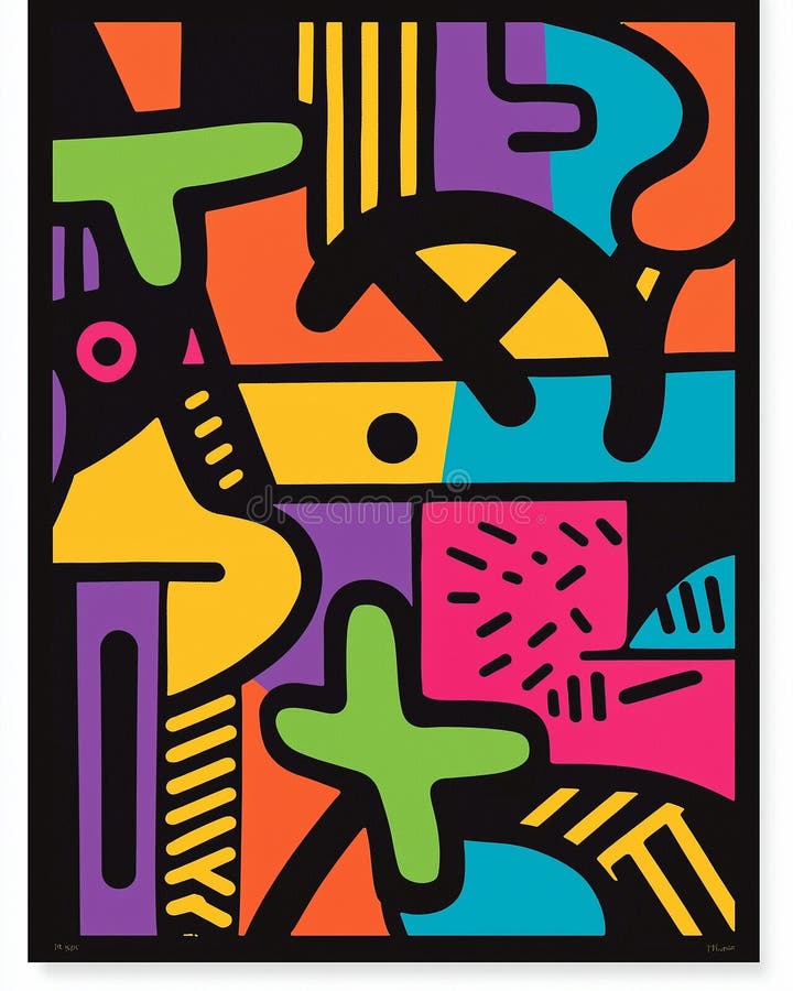 Playful Abstract Symbols with Bold Black Lines and Neon Color ...