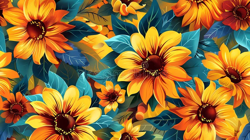 Bold Floral Pattern with Bright Sunflowers Stock Illustration ...
