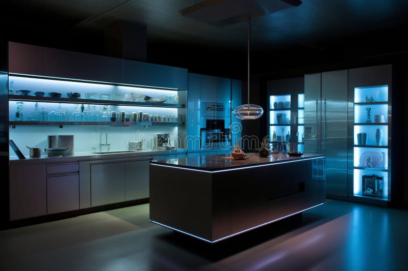 Bold Futuristic Kitchen with LED Lighting and Visionary Design Stock ...