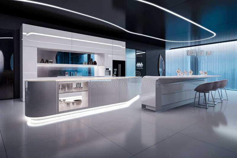 Bold Futuristic Kitchen with LED Lighting and Visionary Design Stock ...