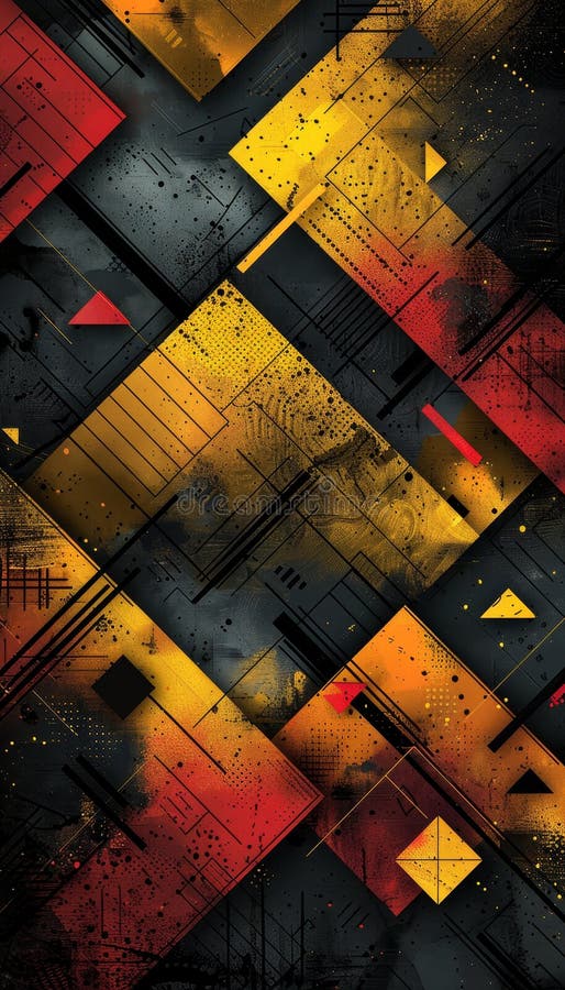 Abstract Geometric Shapes in Black, Red, Yellow, and Gold Hues with ...