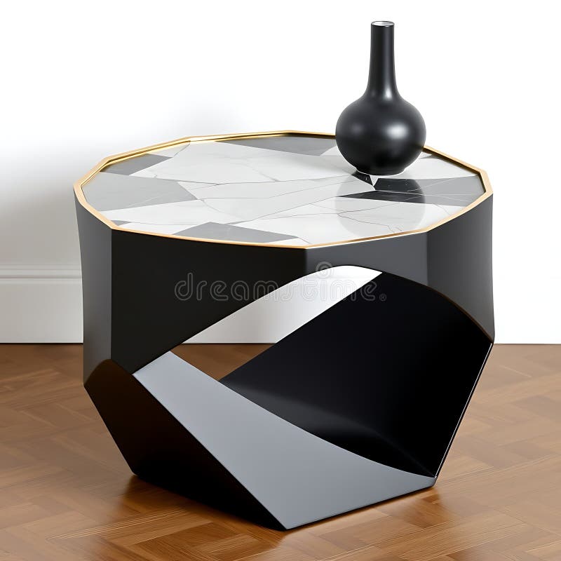 A Bold Geometric Side Table in Matte Black and Gold with a Glossy Top Stock Illustration ...