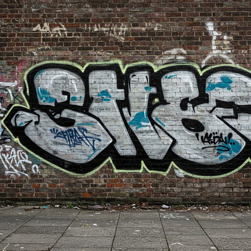 Bold Graffiti Covers a Rough Brick Wall. the Design Features Large ...