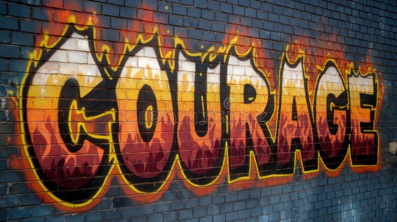 Bold Graffiti Mural Displaying the Word Courage in Vibrant Fire-themed ...