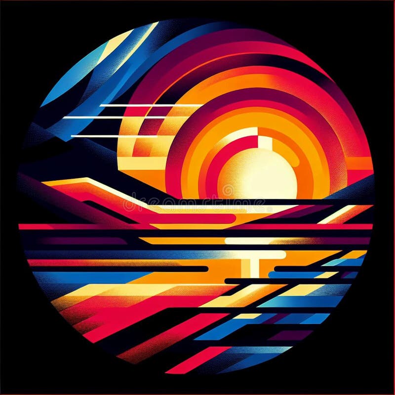 A Bold Graphic Illustration of a Vibrant Sunset Over a Stylized ...