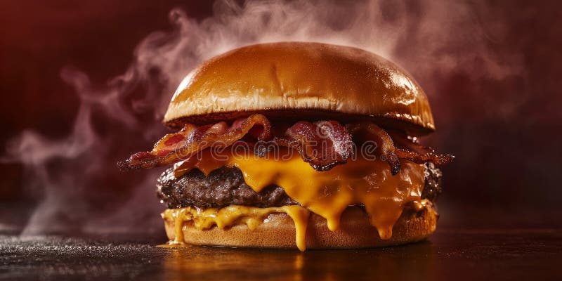 Sizzling Bacon Cheeseburger with Cheddar on Burgundy Background Stock ...