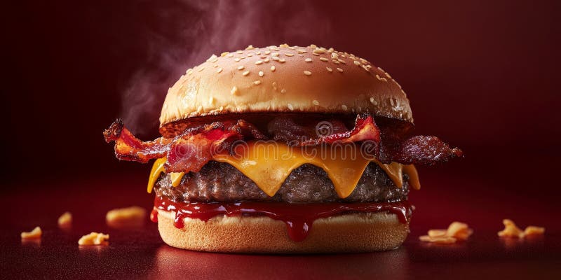 Sizzling Bacon Cheeseburger with Cheddar on Burgundy Background Stock ...