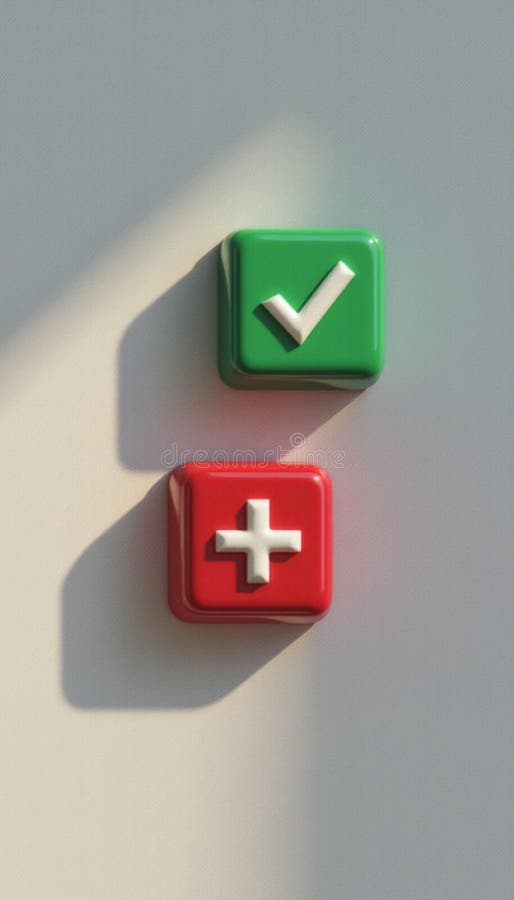 Bold Green Checkmark and Red Plus Sign Buttons Casting Playful Shadows ...