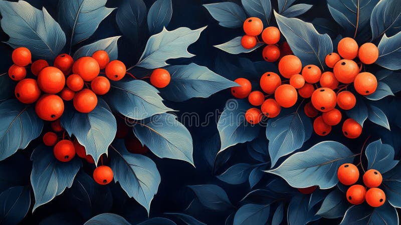Bold Holly Leaves and Berries Pattern on Dark Blue for Festive Decor ...