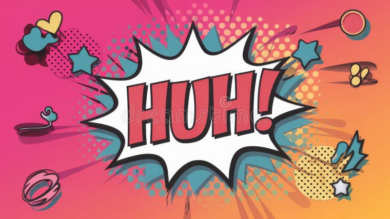 Bold "Huh" in Comic Speech Bubble Surrounded by Colorful Dots and Pop ...
