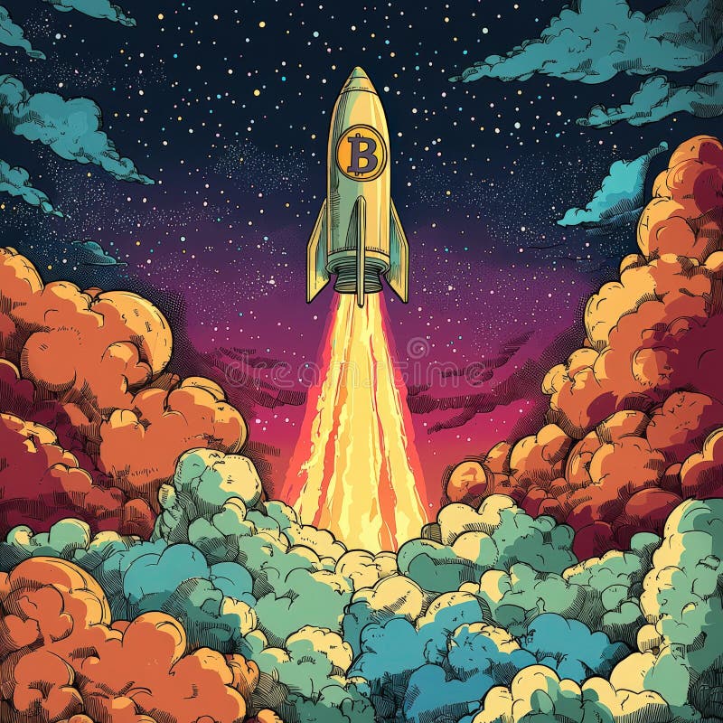 Bitcoin-themed Rocket Launch Illustration with Vibrant Clouds Stock ...
