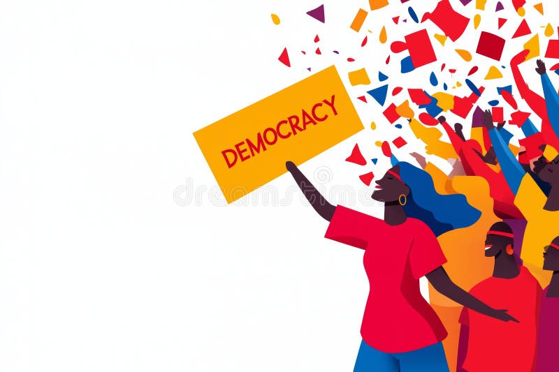 Bold Illustration of Diverse Group Holding Democracy Sign with Copy ...