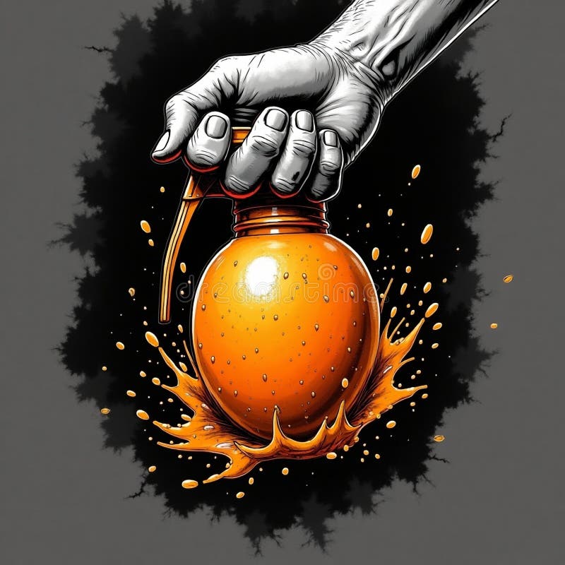 Hand Holding Mango Shaped Grenade with Juice Splash Illustration Stock ...