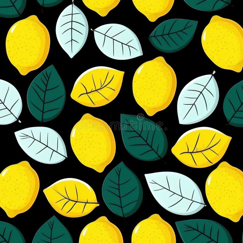 Bold Lemon and Leaf Pattern with Black Background Stock Illustration ...