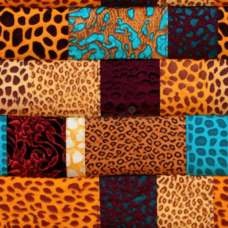 Bold Leopard Pattern Patchwork with Turquoise and Red Highlights Stock ...