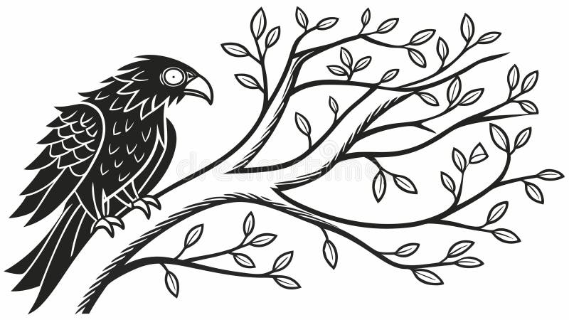 A Bold Line Art Illustration of a Hawk Perched on a Bare Branch, Vector ...