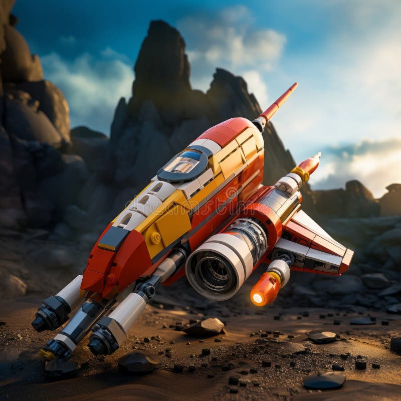 Bold Linework Lego Spaceship Flying in Unreal Engine Desert Stock ...