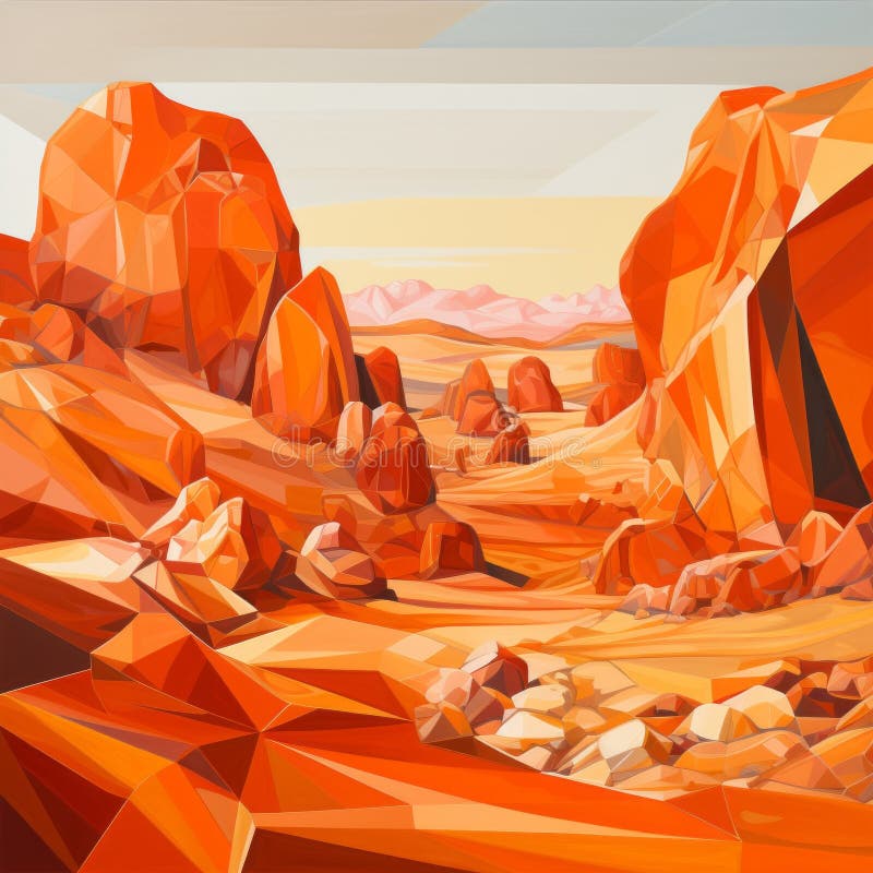 Bold Lithographic Landscape with Orange Rocks - Low Poly Style Stock ...